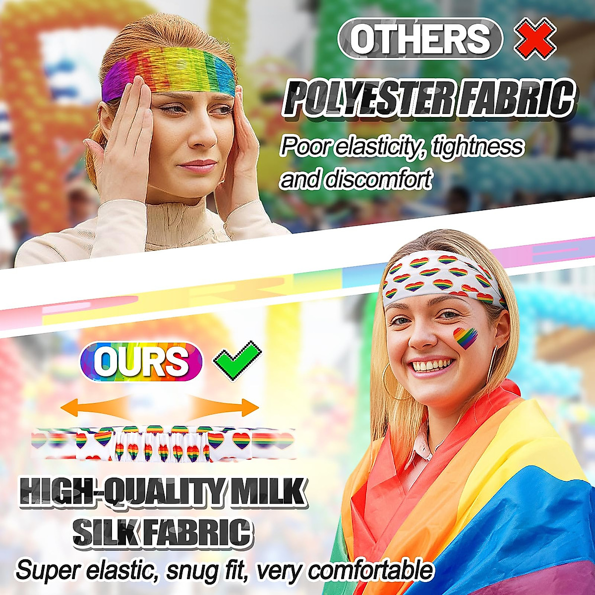 Cosweet Gay Pride Headbands - Moisture-wicking Milk Silk Rainbow Sweatbands, Highly Elastic LGBTQ Hair Accessories for Men Women Adults Pride Parade Festival Party (2 Pack, Rainbow Flag Style)