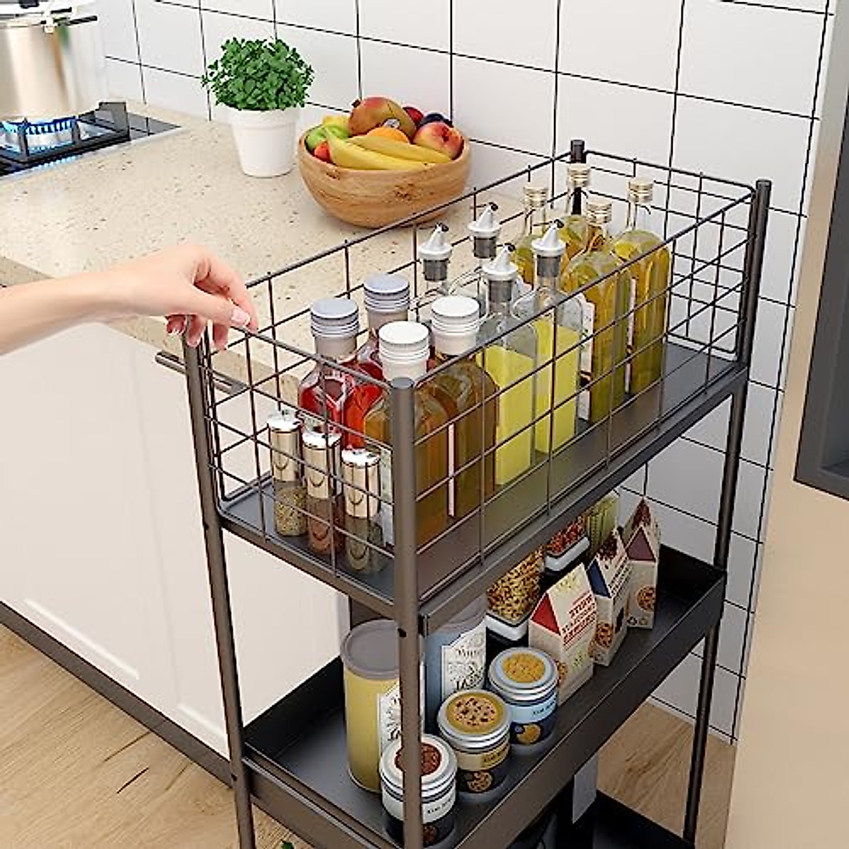 FANSPRO Slim Storage Cart, 3 Tier Metal Utility Cart with Wheels, Mobile Rolling Kitchen Cart Slide Out Narrow Storage Cart for Laundry Room Bathroom Small Spaces, Black