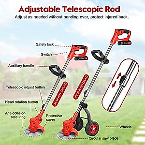 Weed Wacker Battery Powered Electric Brush Cutter 4000mAh, Battery Weed Eater Cordless Grass Trimmer, Lightweight 3 in 1 Small Push Lawn Mower Stringless Trimmer Edger Lawn Tool, 2 Batteries, 1 Wheel