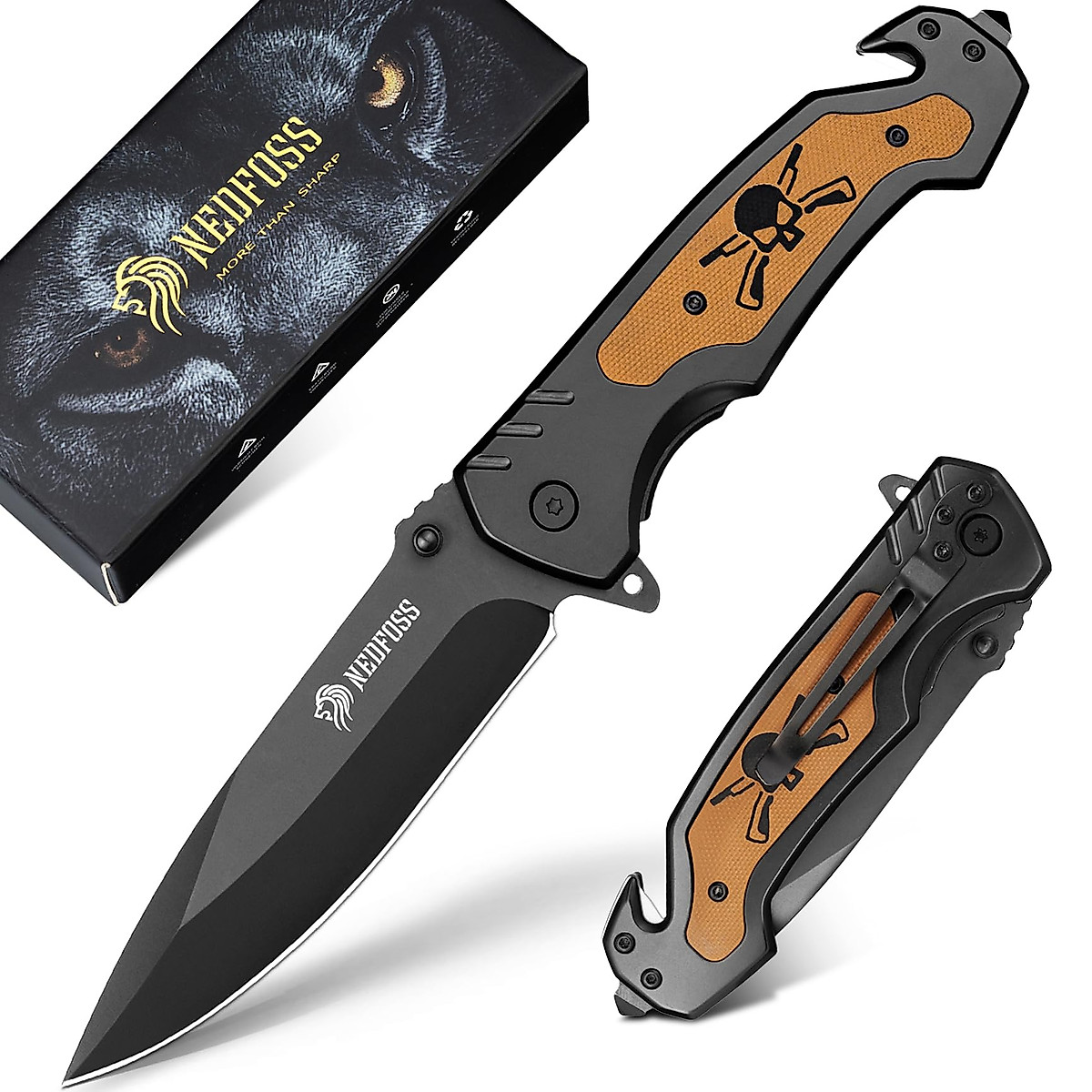 NedFoss Knifes Pocket Knives for Men, Folding Pocket Knife with Glass Breaker, Seatbelt Cutter, G10 Handle, Thumb Stud for Emergency Rescue, Household, Workshop (FA18)