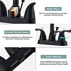 ARCORA Matte Black Bathroom Faucet, 2 Handle Basin Faucet, 4 Inch Centerset Bathroom Faucet with Drain Assembly and Supply Hoses, Bathroom Sink Faucet Black