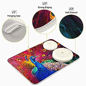 Painting Animal Beautiful Peacock Dish Drying Mat 24"x18" Absorbent Machine Washable Hanging Fast Dry Pad Dish Protective Mat for Kitchen Countertop Heat Resistant Dinner Table Mat