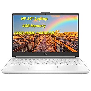HP 14" HD (1366 x 768) BrightView Micro-Edge Laptop, Intel Celeron N4020, 4GB DDR4, 64GB eMMC, WiFi, Bluetooth, Webcam, USB 3.1 Type C, HDMI, Media Card Reader, Windows 10 S, 64GB ABYS MicroSD Card