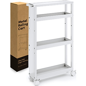 Slim Rolling Storage Cart with Wheels & Adjustable Shelving - Durable Metal Space-Saving 4 Tier Rolling Cart Ideal Kitchen - Narrow Bar Cart, Spice Rack, Utility Cart, Coffee Cart for Kitchen - WHITE