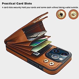 Folosu Compatible with iPhone 13 Pro Case Wallet with Card Holder, 360°Rotation Finger Ring Holder Kickstand Protective RFID Blocking PU Leather Double Buttons Flip Shockproof Cover 6.1 Inch Brown