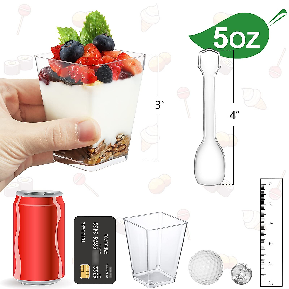 Eupako 100 Pack 5 oz Square Clear Plastic Dessert Cups with Spoons Small Tumbler Great for Desserts, Appetizers, Puddings, Mousse, Parfait