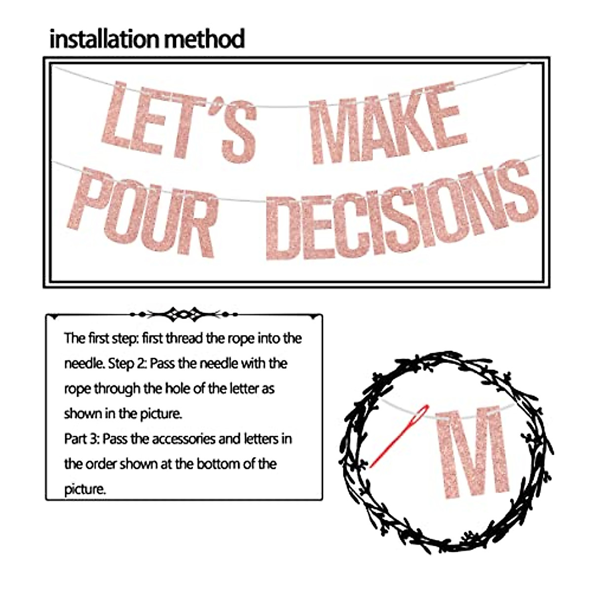Let's Make Pour Decisions Banner, Bachelorette Party Banner, Wine Party Banner, Bridal Banner Decorations, Wedding/Bridal Shower Party Bunting Decorations Rose Gold Glitter