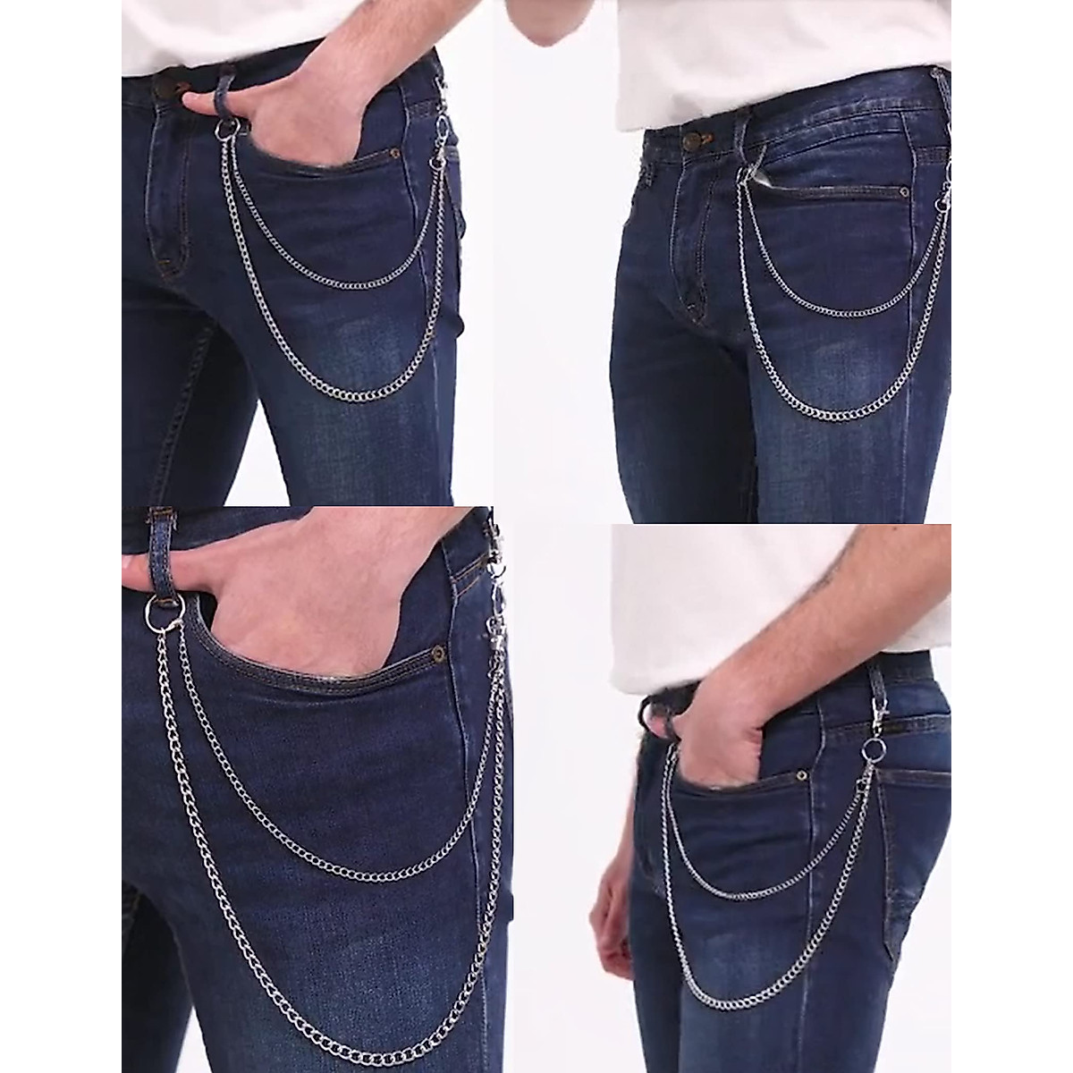 Ofeiyaa 6 Pieces Pants Chains Multi-Layer Butterfly Lock Round Star Snak Heart Jeans Chains Accessory Hip Hop Pocket Punk Goth Wallet Chain Charm Rock Belt Loop Trousers Chain for Women Men Silver