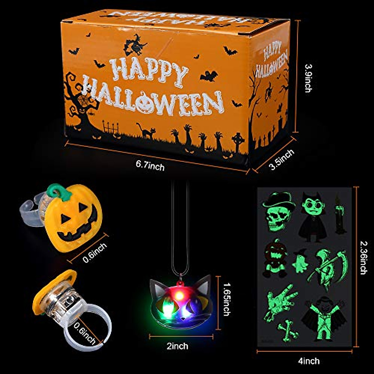 Twister.CK 54 PCS Halloween Party Favors for Kids, 40 Pack LED Light Up Rings, 8 Pack LED Light Up Necklaces, 6 Pack Halloween Temporary Tattoo Glowing Stickers, Glow in the Dark Party Supplies Halloween LED Light Up Toys Non Candy Halloween Treats Goodie