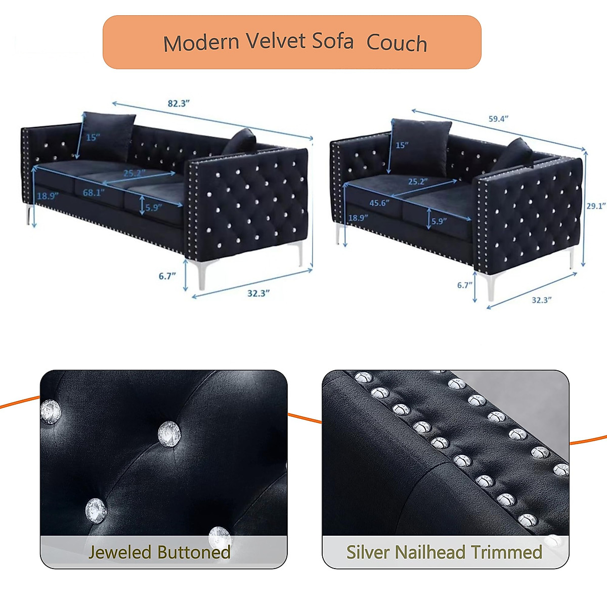 2-Piece Black Velvet Upholstered Living Room Furniture Set, Including 3-Seater Sofa and Loveseat with Jeweled Buttons, Square Arm, Four Pillows Included for Living Room, Office