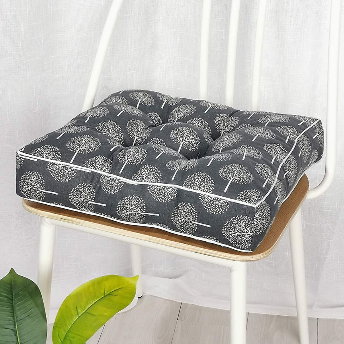 CUNCOO Bohemian Soft Patio Chair Pads Indoor Office Home Kitchen Square Dining Chair Cushion Pillow Leaf 16''x16''x4'', Navy