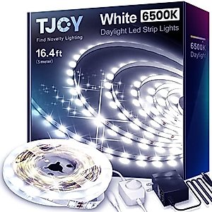 TJOY White LED Strip Lights, 16.4 Ft Vanity Mirror Lights Bright 6500K Daylight White, Dimmable and Strong Adhesive, Flexible Cuttable DIY Lighting for Bedroom Bathroom Makeup Mirror Kitchen Cabinet.