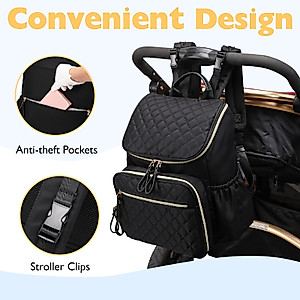 LORADI Large Capacity Diaper Bag Backpack with Storller Clips, Water-Resistant Travel Backpack with Anti-Theft Pocket, Black