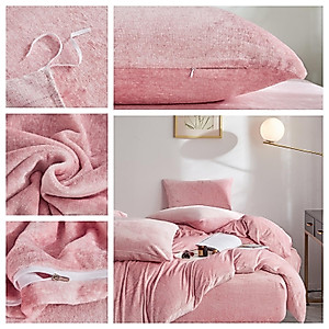YASMENG Fluffy Velvet Duvet Cover Set Blush Pink Queen Size Fall Winter Soft Warm Flannel Comforter Cover Girls Pink 90" x 90" Luxury Cozy Plush Fleece Reversible Bedding Duvet Cover Set Pale Pink