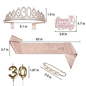 30th Birthday Decorations for Women，Rose Gold 30 Birthday Crown Tiara ，Cake Topper, Birthday Sash with Peal Pin and Birthday Candles Kit,15th Birthday Gifts for Women