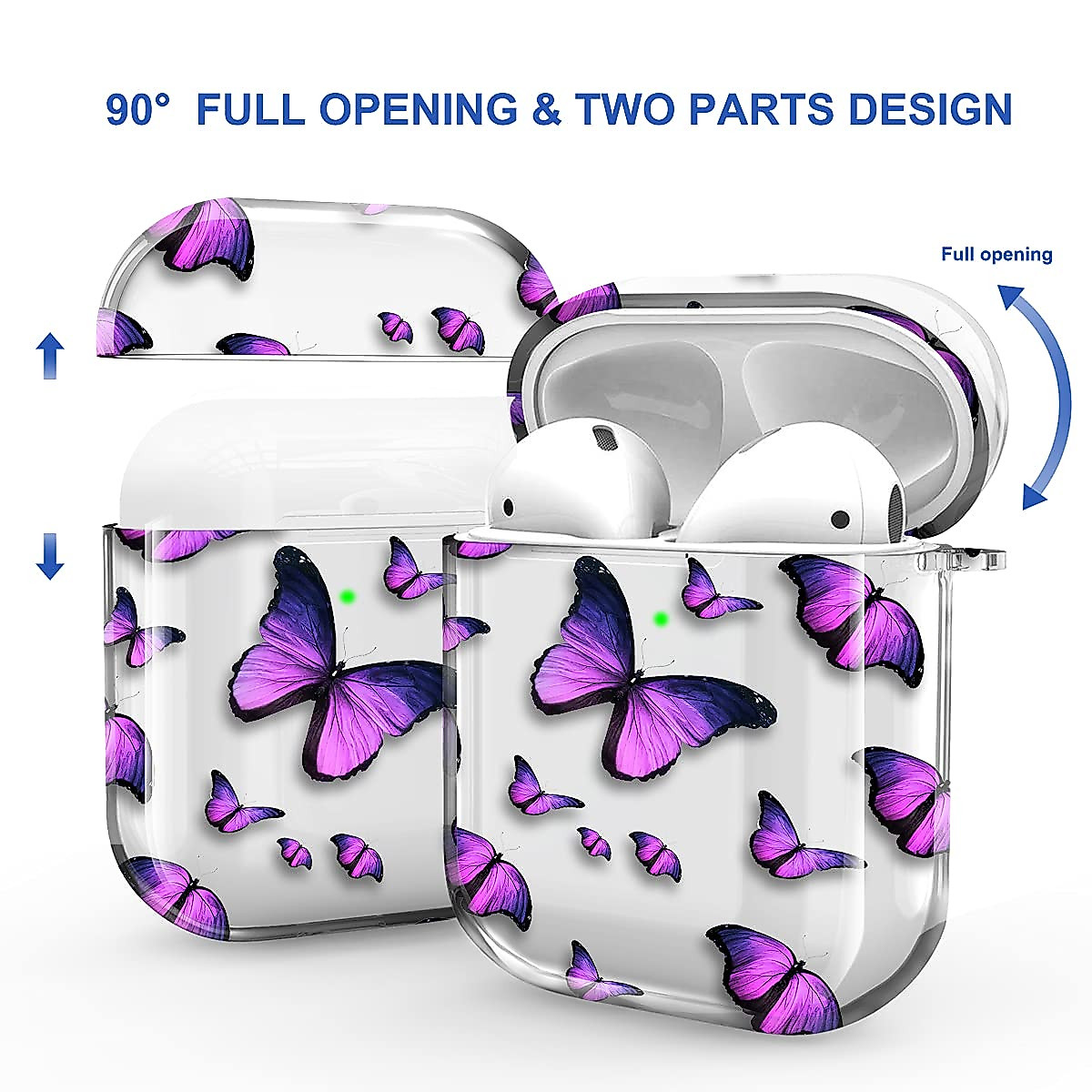 Maxjoy for AirPods Case Cover, Clear AirPod Case for Women Girly Cute Soft Protective Transparent iPod Case with Keychain Clip for AirPods 2nd 1st Generation Charging Case 2&1, Purple Butterfly