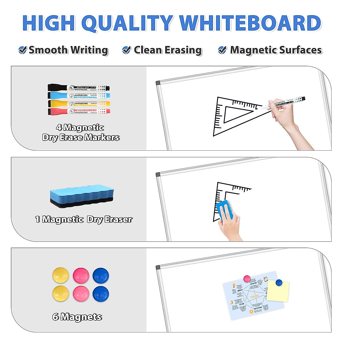 WALGLASS Magnetic White Board, 36" x 24" Double-Sides Dry Erase White Board for Wall, Hanging or Mounted Whiteboard, Horizontal or Vertical, Silver Aluminium Frame, Home, School, Office, Kitchen