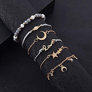 Aluinn Boho Rope Bracelet for Women Fashion Gold Moon Hand Catenary Star Lovr Hand Chain Pearl Bracelet Jewelry for Girls