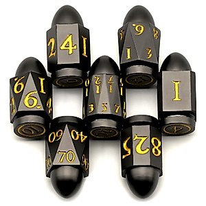 Bullet Dice Set Revolver, DND Dice Metal, ZHOORQI Gun Dice Set D and D Dice Gifts for Dungeons and Dragons, Pathfinder, Warhammer 40k, D&D, or Theme Tabletop Games（7Bullet-Black Gold）