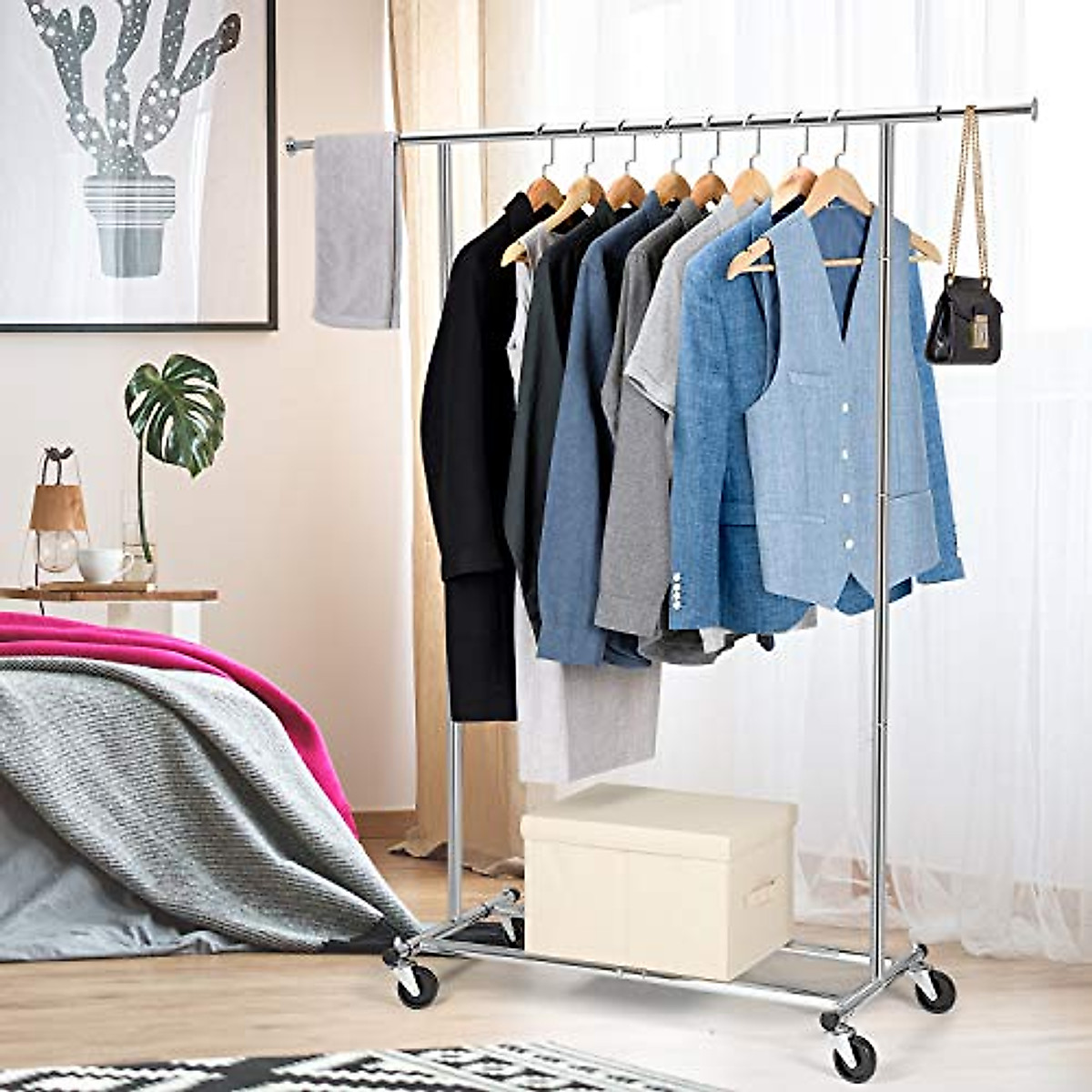 Auledio Clothes Garment Rack, Commercial Grade Clothes Rolling Heavy Duty Storage Organizer on Wheels with Adjustable Clothing Rack , Holds up to 200 lbs, Chrome (One Head)