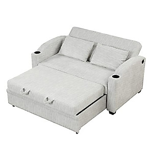 P PURLOVE Upholstered Modern Sofa Bed with Armrest, Convertible Sofa Couch with Adjustable Backrest, Sleeper Bed with 2 Pillows, USB Port, Chenille Pull Out Sofa Bed for Living Room (White Gray)
