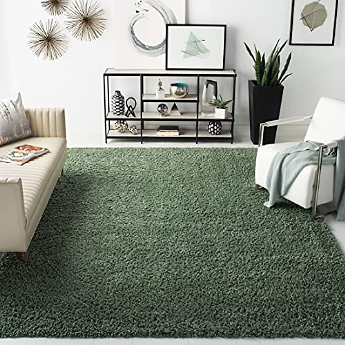 SAFAVIEH August Shag Collection 5'3" x 7'6" Green AUG200Y Solid Non-Shedding Living Room Bedroom Dining Room Entryway Plush 1.5-inch Thick Area Rug