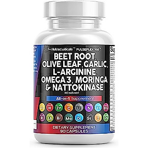 Beet Root Capsules 6000mg Olive Leaf 6000mg Nattokinase 4000 FU Garlic Extract 2000mg L-Arginine 400mg Omega 3 Red Yeast Rice Hibiscus Danshen - Healthy Support Supplement - 90 Ct