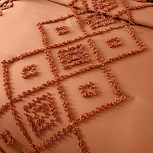 URBONUR Terracotta Duvet Cover Set King Size Burnt Orange, 3PCS Textured Tufted Bedding Set, Geometric Diamond Pattern, Ultra Soft Microfiber Duvet Cover with Zipper Closure, (Rust, King)