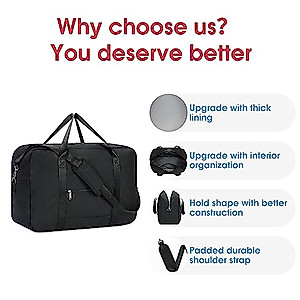 Carry on luaggage 22x14x9 Airlines Approved Foldable Carry on Bag Travel Duffel Packable Duffle Overnight for Women and Men 40L (Black)