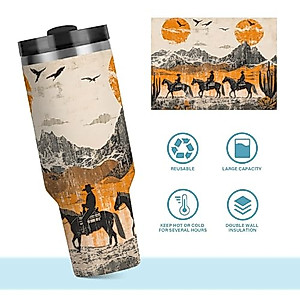 Flradish 40oz Tumbler with Handle, Vintage Western Cowboy Stainless Steel Tumbler with Lid and Straws Double Wall Vacuum Insulated Leakproof Coffee Travel Mug