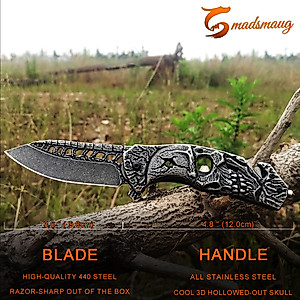 MADSMAUG Pocket Knife, Cool SKULL Pocket Folding Knife with Seatbelt cutter & Window Breaker, Great festival Christmas Gift EDC knife For Men Outdoor Survival Camping (Stone-wash)