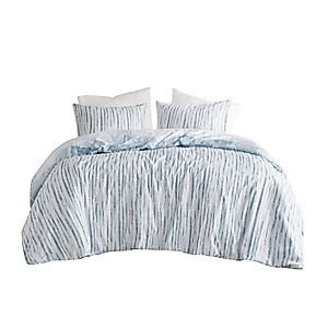 N Natori Brush Stroke Reversible Duvet Set Abstract Styling, Embossed Seersucker Design, All Season, Breathable Oversized Comforter Cover Bedding, Shams, Full/Queen(92"x96") Blue 4 Piece