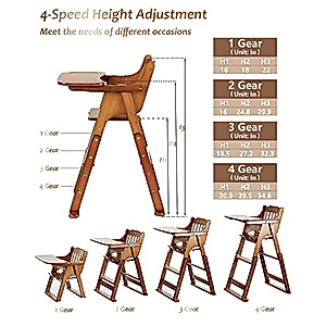 Wood High Chair with Tray, Baby Highchairs, Children High Stool Dining Chair for Babies and Toddlers Portable Kids Folding Chair with Safety Belt Adjustable Height (6 Months to 7 Years) (Color : A)