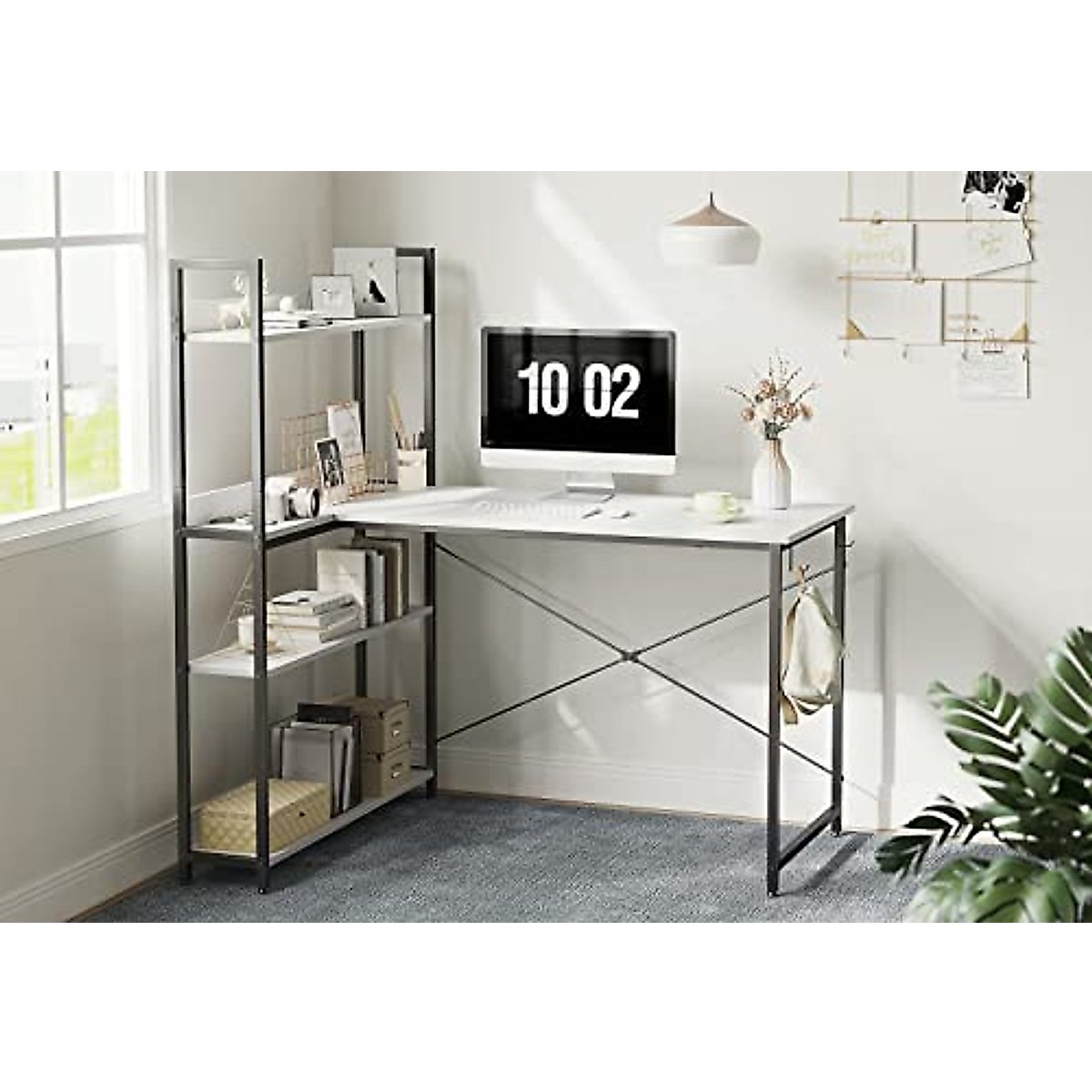 CubiCubi Computer Corner Desk with Storage Shelves, 47 Inch Small L Shaped Computer Desk, Home Office Writing Desk with 2 Hooks, White