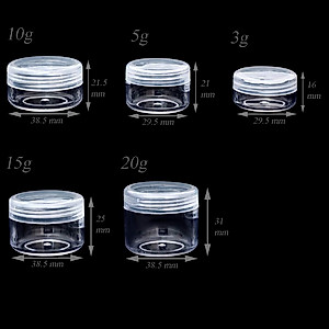 ZEJIA 10pcs Small Travel Containers, Clear Sample Containers with Screw Lids, 5 Size 3/5/10/15/20 Gram Sample Jars with 12pcs Labels and 2pcs Mini Disposable Spatula, Makeup Sample Containers BPA Free