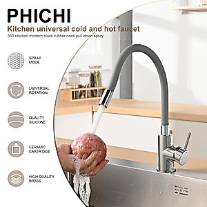 PHICHI Pull Out Kitchen Sink Faucet, 360° Free Bending Kitchen Faucet, Adjustable Sink Kitchen Faucet,Hot and Cold Kitchen Faucet, Universal Foaming Pipe,Grey