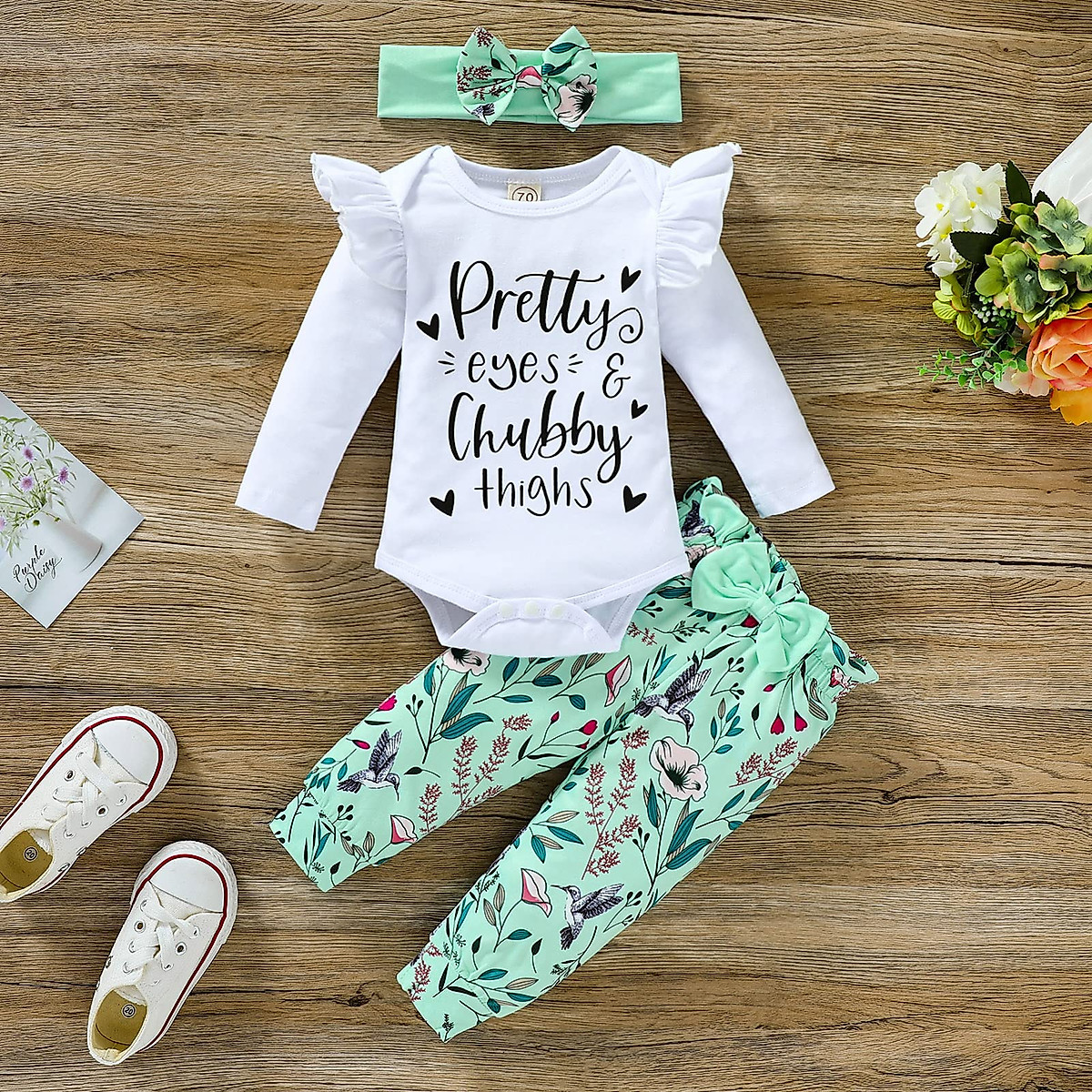 ZOELNIC Newborn Baby Girl Clothes Ruffles Long Sleeve Romper Floral Leopard Pants Headband 3pcs Toddler Outfit Sets(Green,6-9M)