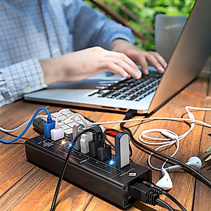 SmartDelux Powered USB Hub - USB 3.0 Ports Hub with 3 Smart Charging Ports, Power Adapter, Long Cord, LEDs (10-Port USB Hub)