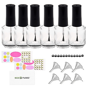 Eco-Fused Transparent Clear Empty Nail Polish Bottles - with Dupont Brushes - Set of 6 - Also Includes 6x Plastic Funnels, 12x Mixing Balls and 20x Sticker Labels - Making your Own Nail Polish