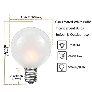 25 Pack G40 Frosted White Light Bulbs Replacement, 1.5 Inch Globe G40 Outdoor Patio String Light Bulbs, 5W Light Bulbs with C7/E12 Candelabra Base for Outdoor Garden Patio Party Decor, Frosted White