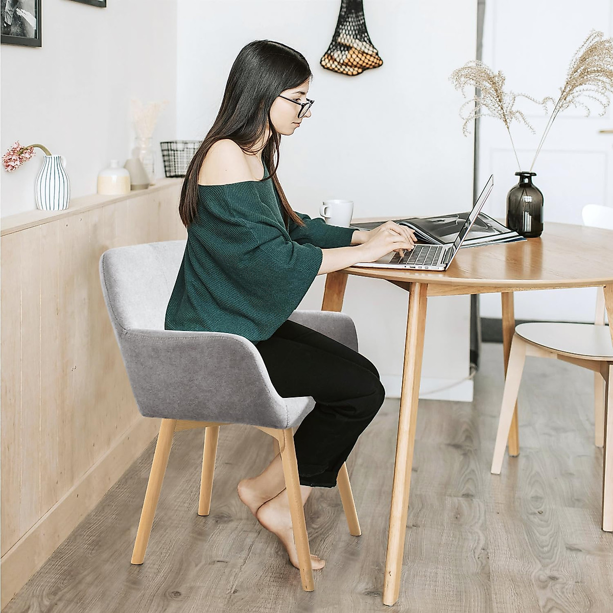 YEEFY Mid Century Modern Dining Chairs Set of 2 & 4 & 6 Comfy Accent Chair Upholstered Kitchen Dining Living Room Chairs for Bedrooms Waiting Room Home Arm Desk Chair No Wheels (Gray, 2)