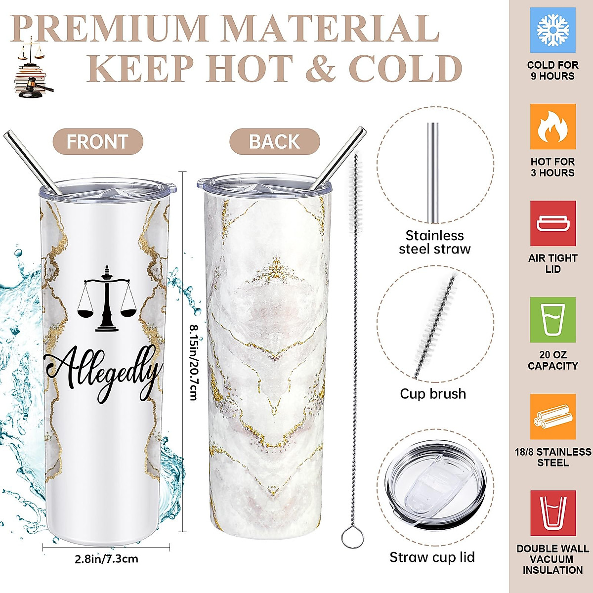 Domensi 6 Pcs Funny Allegedly Lawyer Gifts Judge Gift Lawyer Appreciation Day Gift 20 oz Marble Sign Tumbler Makeup Bag Notepad Ballpoints for Law Paralegal School College Teacher(White)