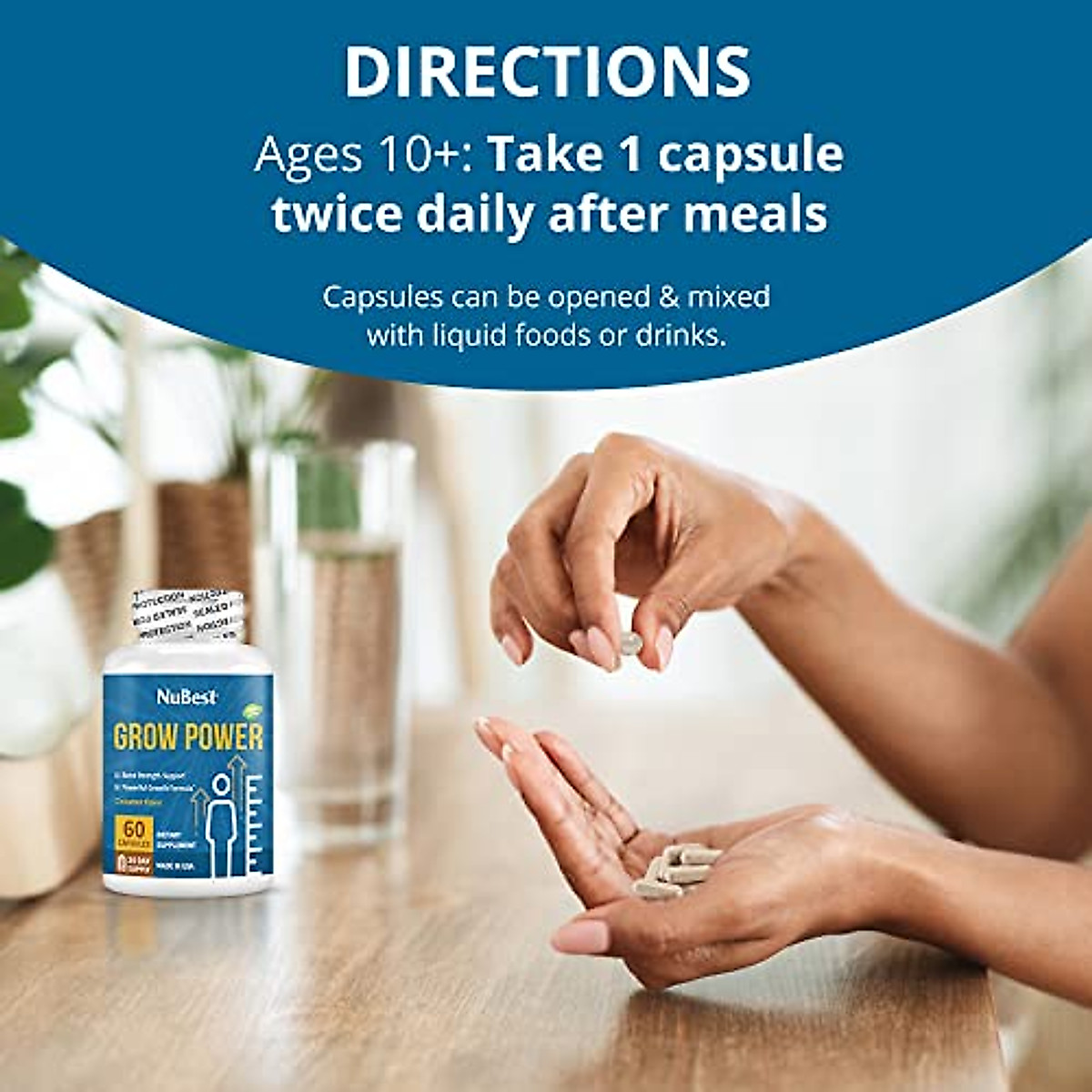 Grow Power Height Growth - Powerful Height Growth Formula for Children (10+) & Teens - Supports Healthy Height Growth, Overall Health with Calcium, Vitamin D3, Phosphorus, Magnesium & More - 60 Caps