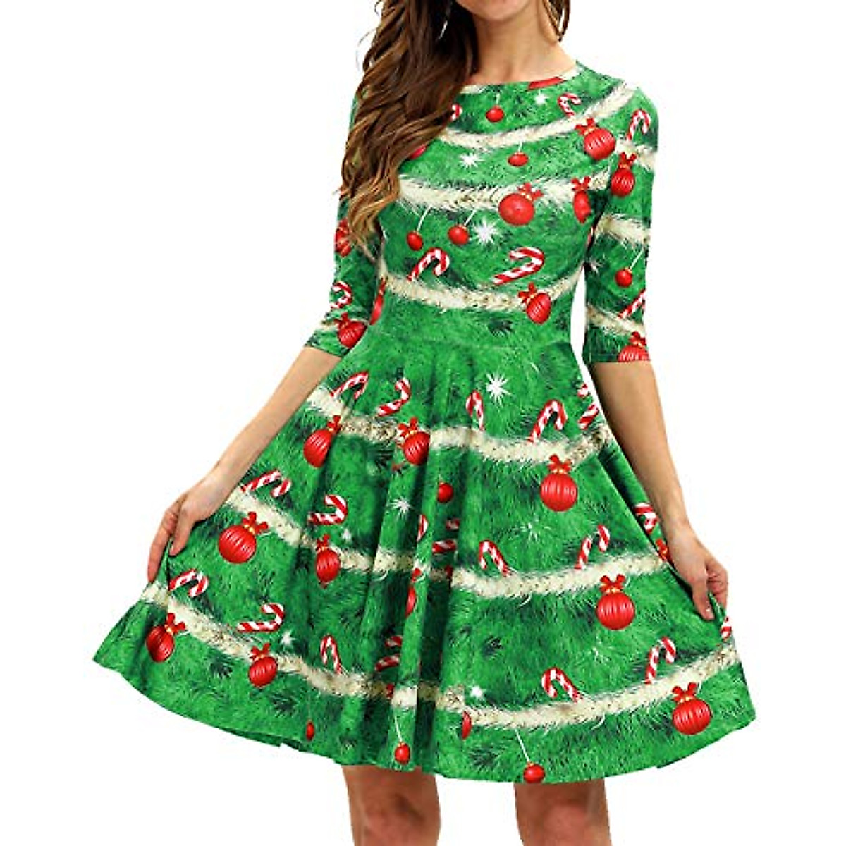 GLUDEAR Christmas Dress, Womens Xmas Tree Printed Gifts A-Line Party Cocktail Dress,Ugly Christmas Tree,L/XL
