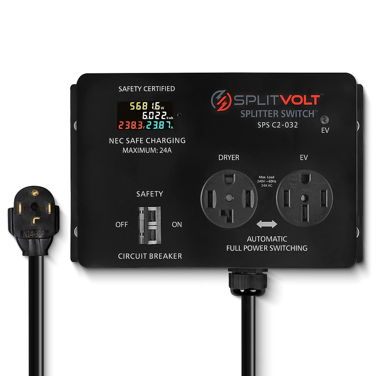 Splitvolt NEMA 14-30/14-50, 240V, 24 Amp Splitter Switch - Save Thousands on Home Electric Vehicle Charging (EV) Install, cETLus Certified, Charge Two EVs, Plug and Play