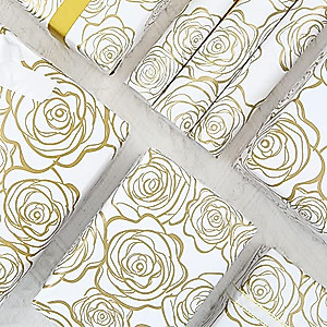 Gift Wrapping Paper, Golden Rose Pattern in White Art Paper with 1 Roll Gold Ribbon, for Weddings, Mother's Day, Birthdays, Baby Showers, Bridal Showers, Valentine's Day or Any Occasion(6 Sheets)