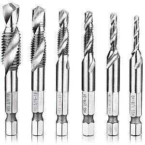 Hymnorq 6-Piece Combination Tap and Drill Bit Set with Dual Twist Flute and 118° Split Point, High-Speed Steel, 1/4" Hex Shank, Ranging from BSW 1/8"-40 to BSW 3/8"-16