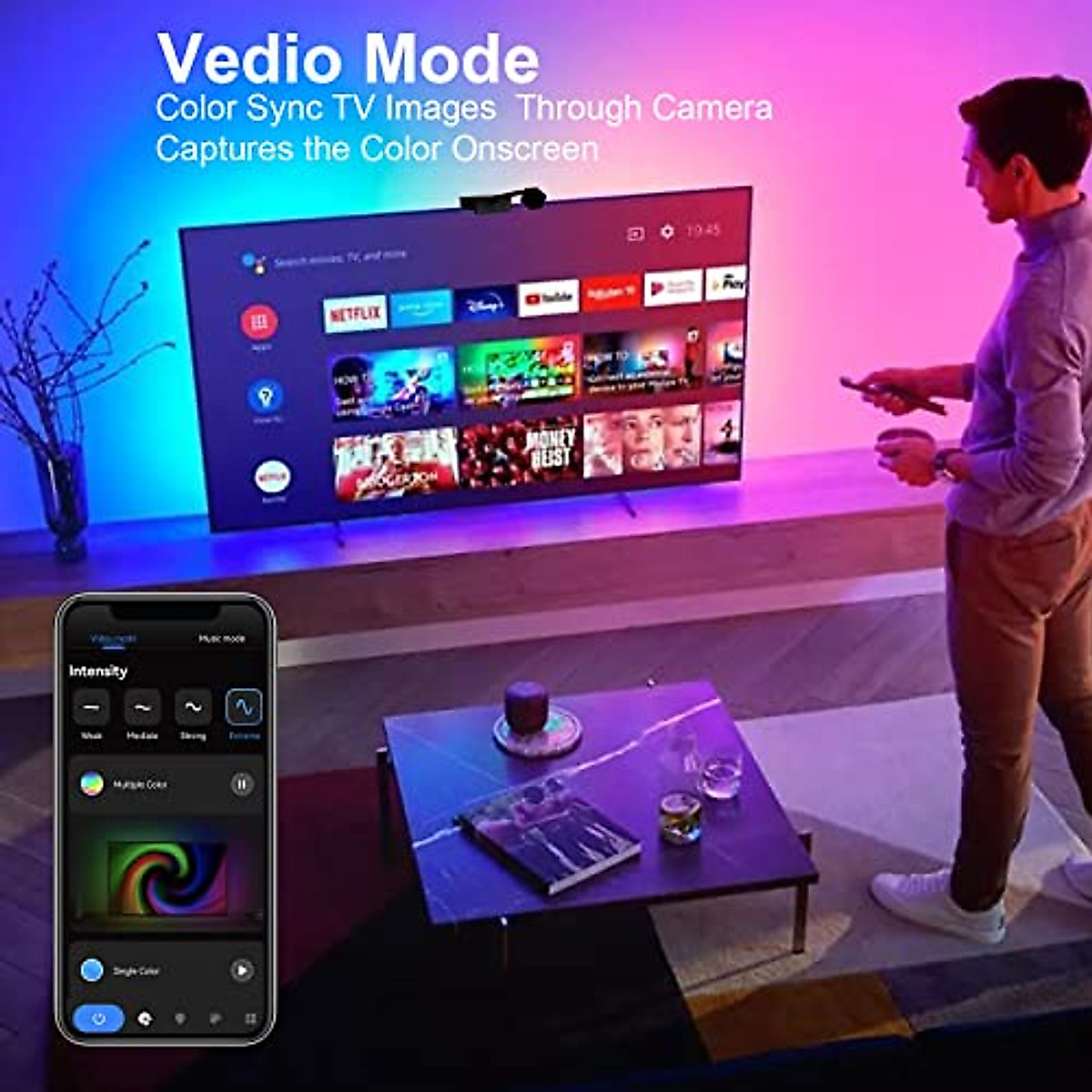 Dosilkc TV LED Backlight with Camera, 1080P WiFi Camera Screen Sync Controller with Phone App, RGBIC LED Lights for TV with Video, Music Rhythm, Scene Mode, 16.4ft Led Strip Lights for 55-70 inch TVs