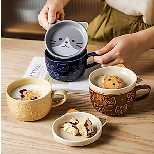 Cute Ceramic Cat Mug with Lid, Pink Cat Mug, Kawaii Coffee or Tea Cup for Cat Lovers, Unique Novelty Cat Gift, Mug and Lid Set (Pink)