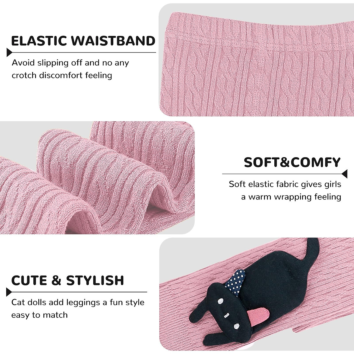 BOOPH 3 Pack Girl Legging Pants Knit Footless Tights 5-8 Year Yellow Pink Gray